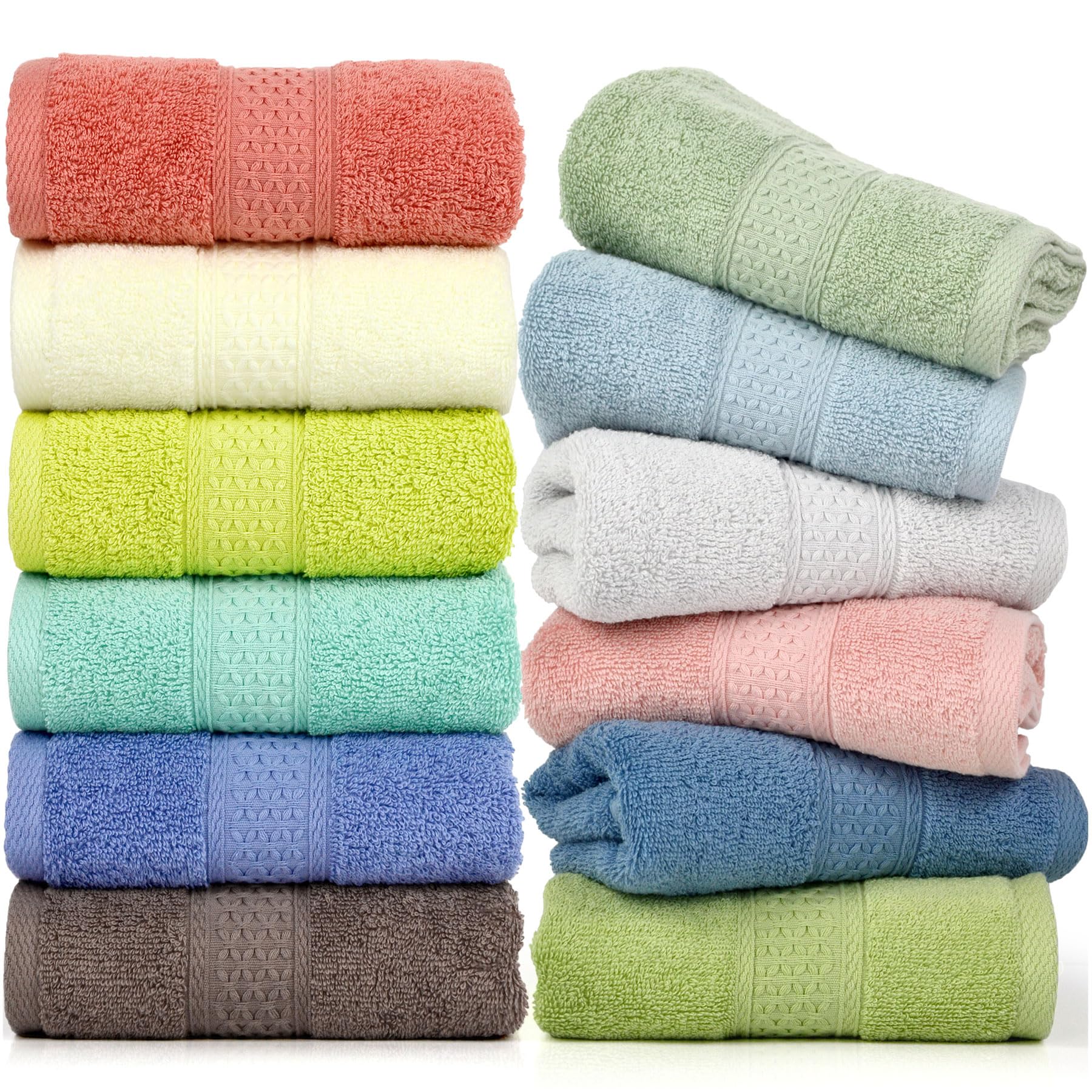 Cleanbear Hand Towels 12 Pack 12 Colors 100% Cotton Hand Towel Set for Bathrooms and Different Family Members - Ultra Soft Bath Hand Towel with Assorted Colors (13 by 29 Inches)
