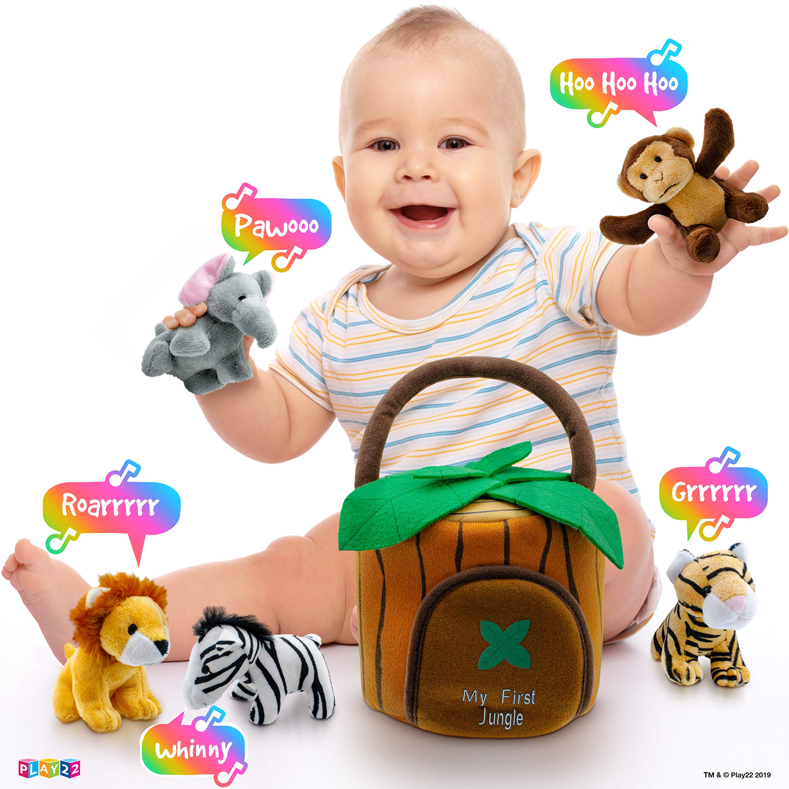Play22 6-Piece Plush Talking Jungle Animals Set with Carrier for Kids, Babies & Toddlers - Elephant, Tiger, Lion, Zebra, Monkey