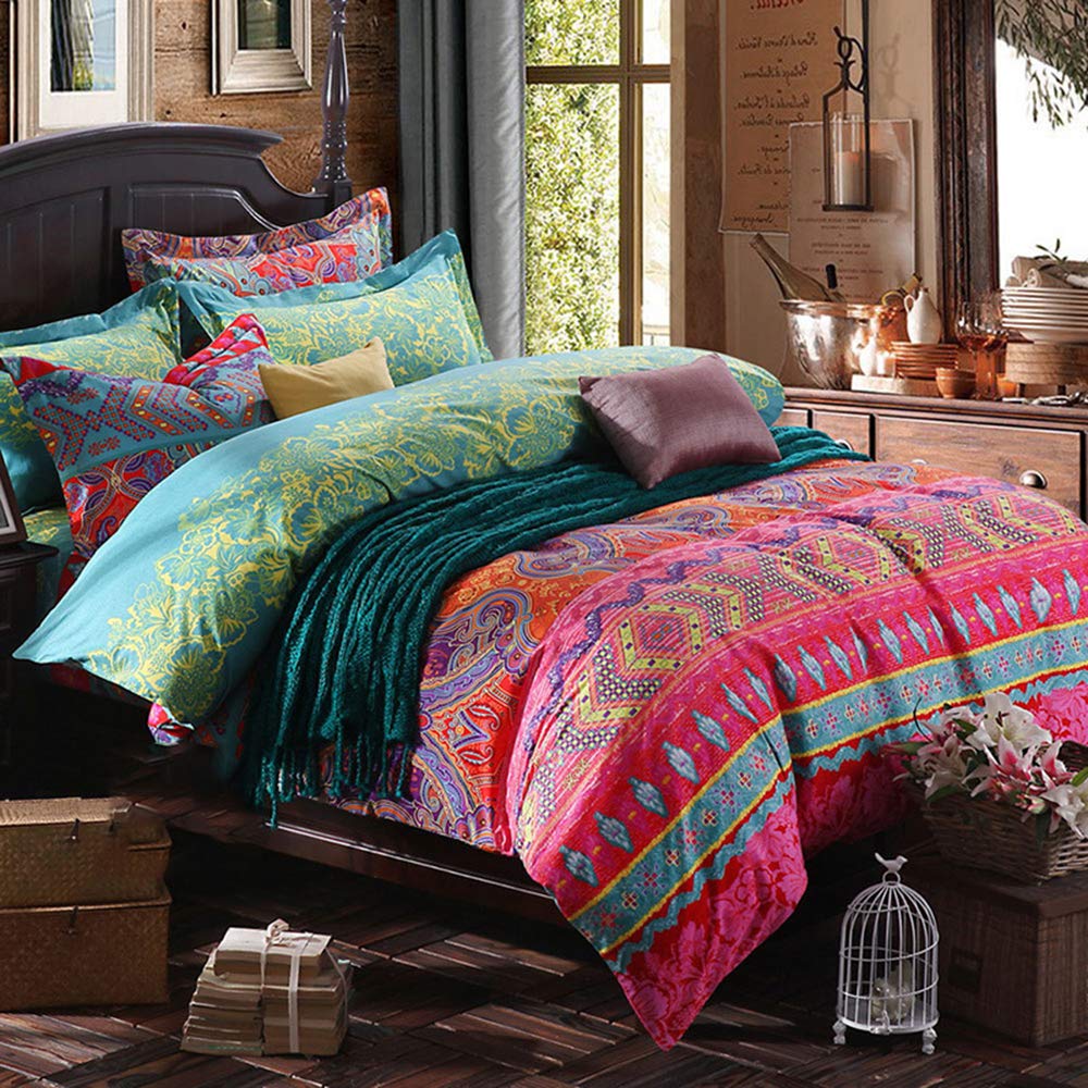 Jingzhang Bohemian Soft Breathable Duvet Cover King Size, Vintage Exotic Bedding Set 3Pcs Colorful Ethnic Floral Decoration, for Men and Women, 100% Microfiber Cotton Duvet Cover with Zipper Ties