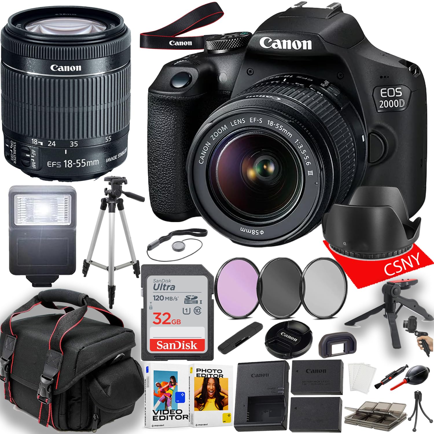 Canon EOS 2000D (Rebel T7) DSLR Camera with 18-55mm Lens + 32 GB Memory + Spare High Capacity Replacement Battery + Filters + Tripod + Mini Tripod + More (24 pc Bundle)