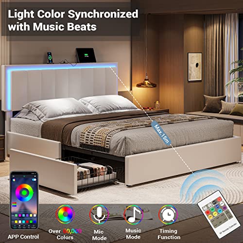 Hasuit Queen Bed Frame with 4 Storage Drawers, LED Light Queen Size Platform Bed with Charging Station, Artificial Leather Upholstered Bed with Adjustable Headboard, No Box Spring Needed