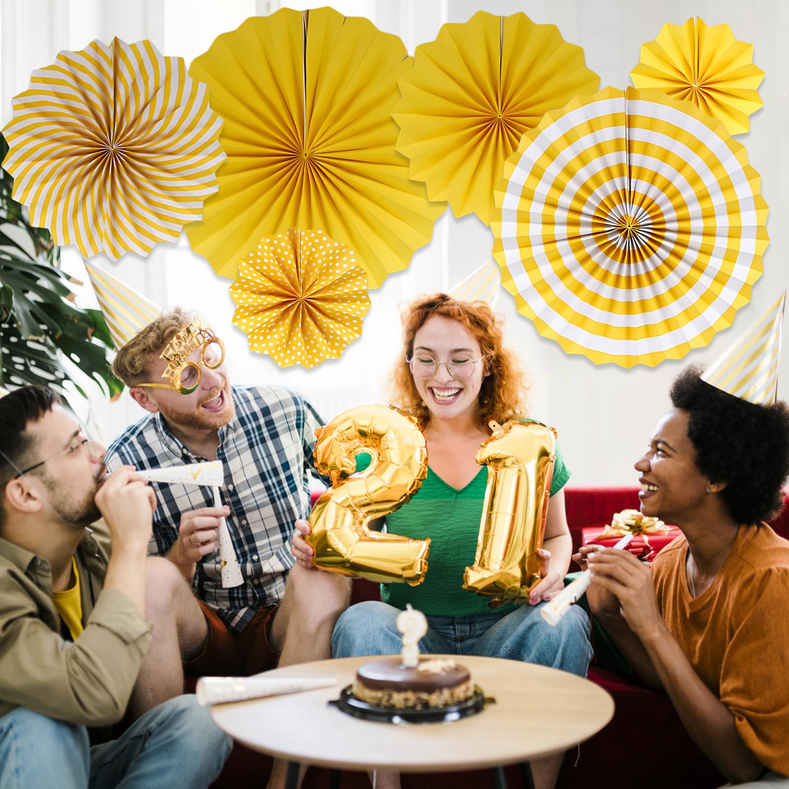 Hanging Paper Fans Decorations - 6 Pcs Round Pattern Yellow Paper Fans Party Decorations for Birthday Easter Wedding Gender Reveal Baby Shower Bridal Shower