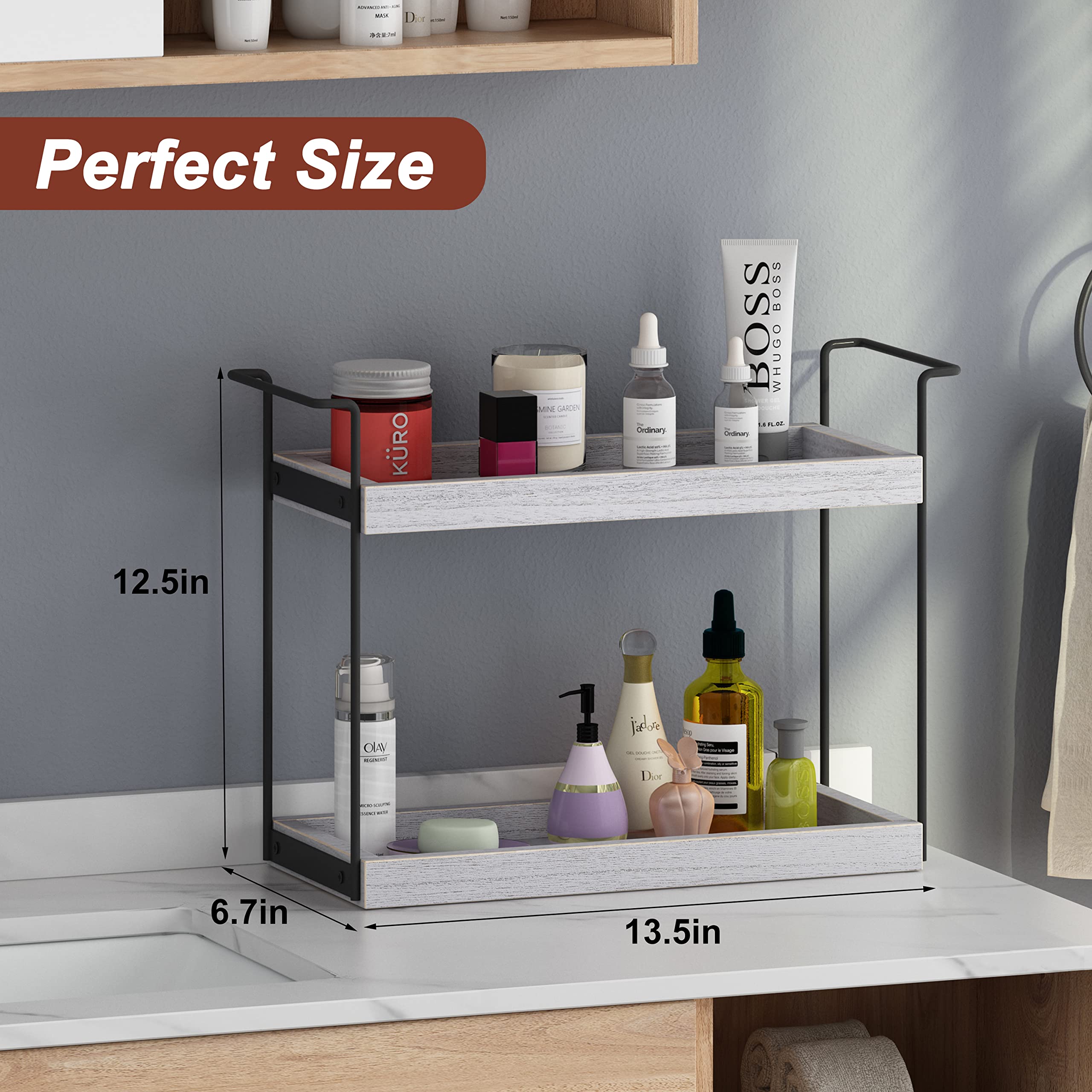 LETUBUYU 2- Tier Bathroom Counter Organizer, Standing Vanity Counter Rack Cosmetic Holder, Countertop Storage Shelf Cosmetic Organizer Holder,Kitchen Spice Rack Basket Counter Shelf (Rustic Gray)