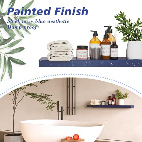 Habudda Floating Shelves, Wall Decor Wood Shelf for Bathroom Bedroom Kitchen Living Room Hanging Mounted Storage, Extra Long 35.5 Inch Set of 2, Wooden Rustic Navy Blue