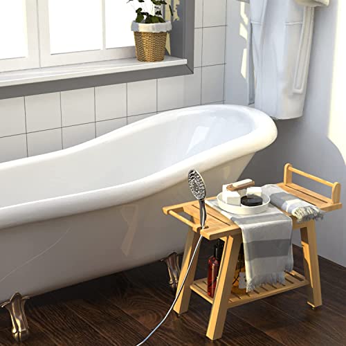 ETECHMART 2-Tier Bamboo Shower Bench, 24 Inch Spa Stool with Storage Shelf for Inside Shower Legs Shaving, Entryway or Bathroom, A-Shaped Shower Bath Seat for Seniors Adults Disabled Women, Natural