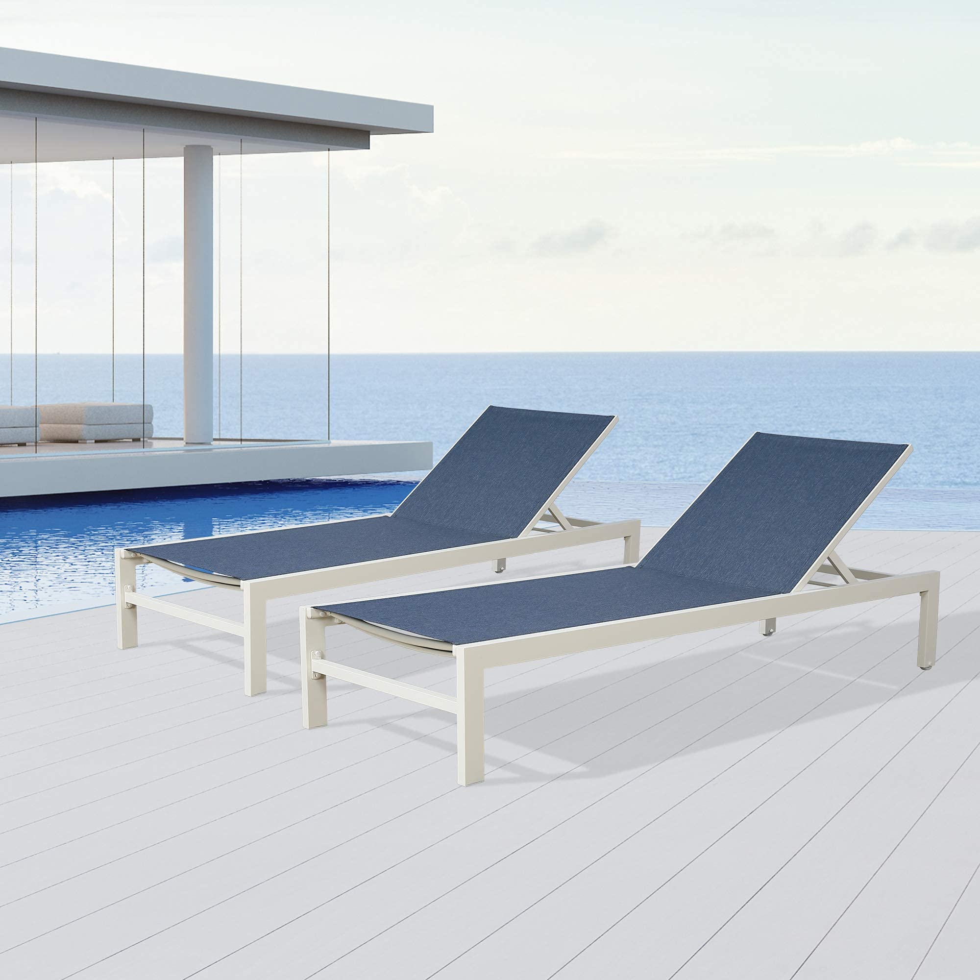 PATIO TREE 2 Pieces Patio Aluminum Chaise Lounges Outdoor Reclining Lounge Chairs with Adjustable Backrest，Navy