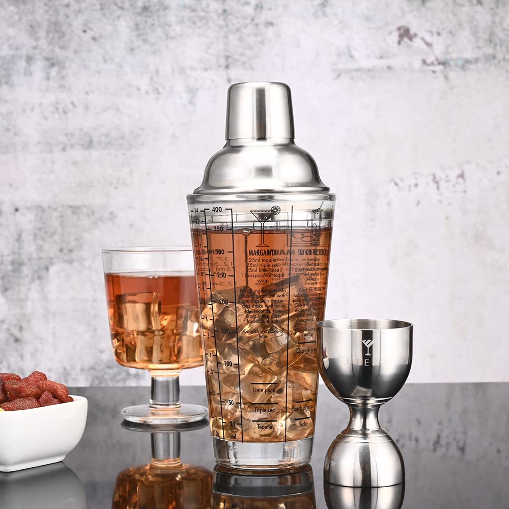 Etens Glass Cocktail Shaker and Bell Jigger Bundle, 14oz Clear Martini Shaker with Recipe / 1oz 2oz Measure Double Jigger