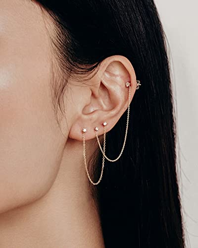 BRAYEG Gold Chain Earrings Double Piercing 3mm Cubic Zirconia 7cm Long Chain Double Stud Earrings Hypoallergenic Jewelry Gift for Women