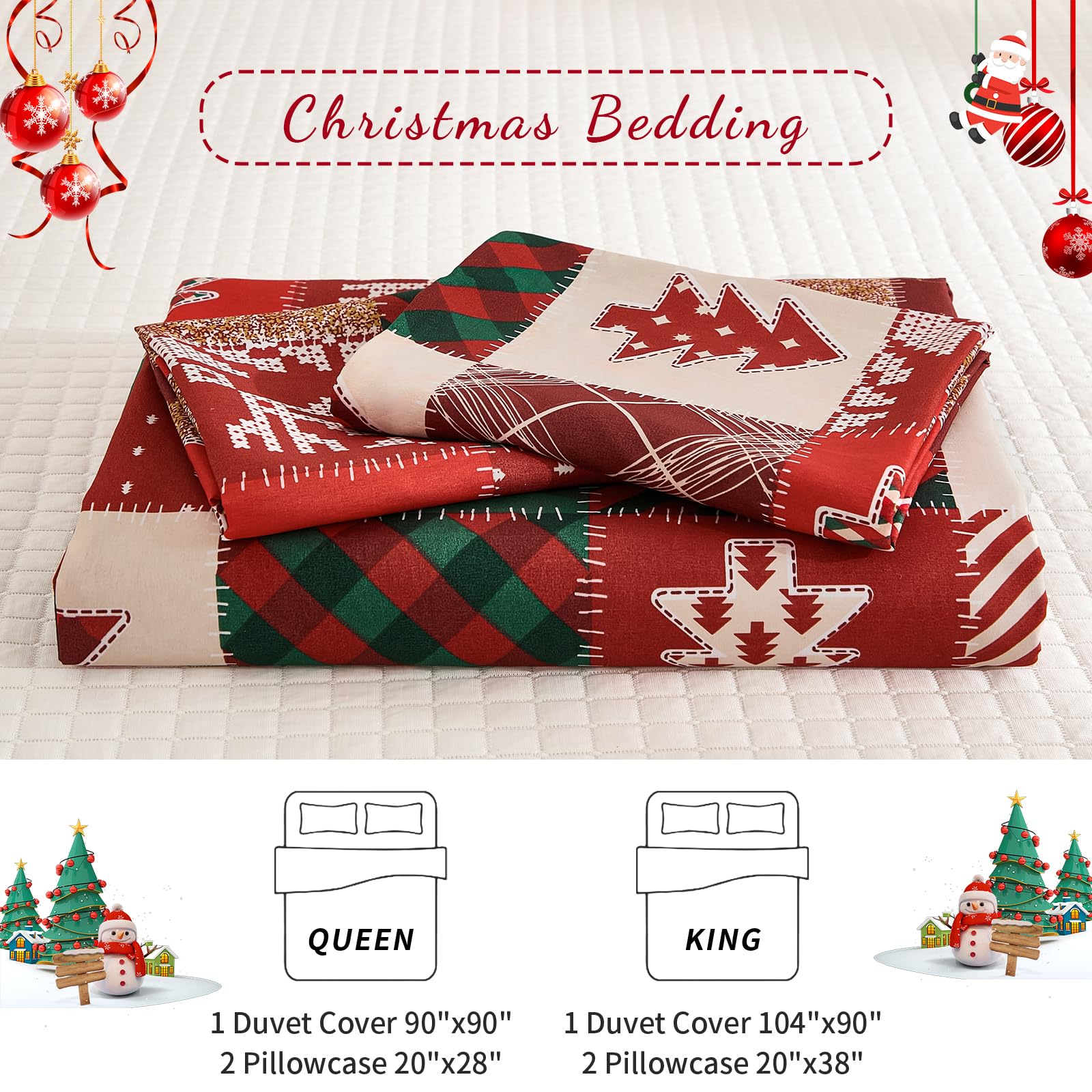 Dintszyayue Christmas Duvet Cover Set Queen Size,3 Pieces Patchwork Plaid Bedding Set Red and Green Christmas Tree Printed Duvet Soft Microfiber Duvet Comforter Covers with Zipper Closure