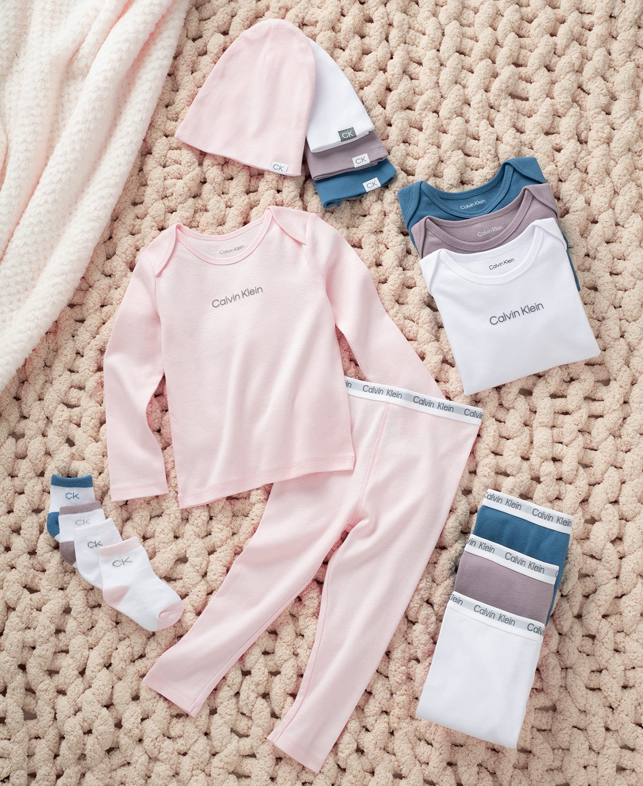 Calvin Klein Organic Unisex Baby Essentials 4-Piece Set with Long Sleeve Tee & Pants, Ultra-Soft Beanie & Socks Included, Bright White