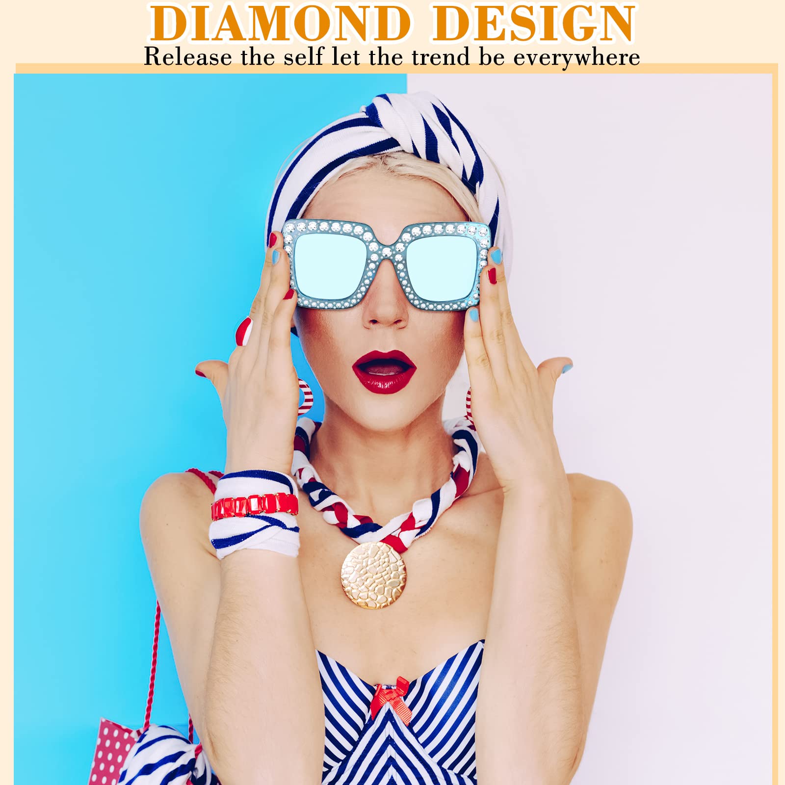 Chuangdi 24 Pairs Women Disco 70s Rhinestone Crystal Sunglasses Bulk 5.7 x 1.8 Large Square Sparkling Sunglasses Thick Frame Diamond Bling Bling Shape Sequins Glass Colorful Retro Party Supplies