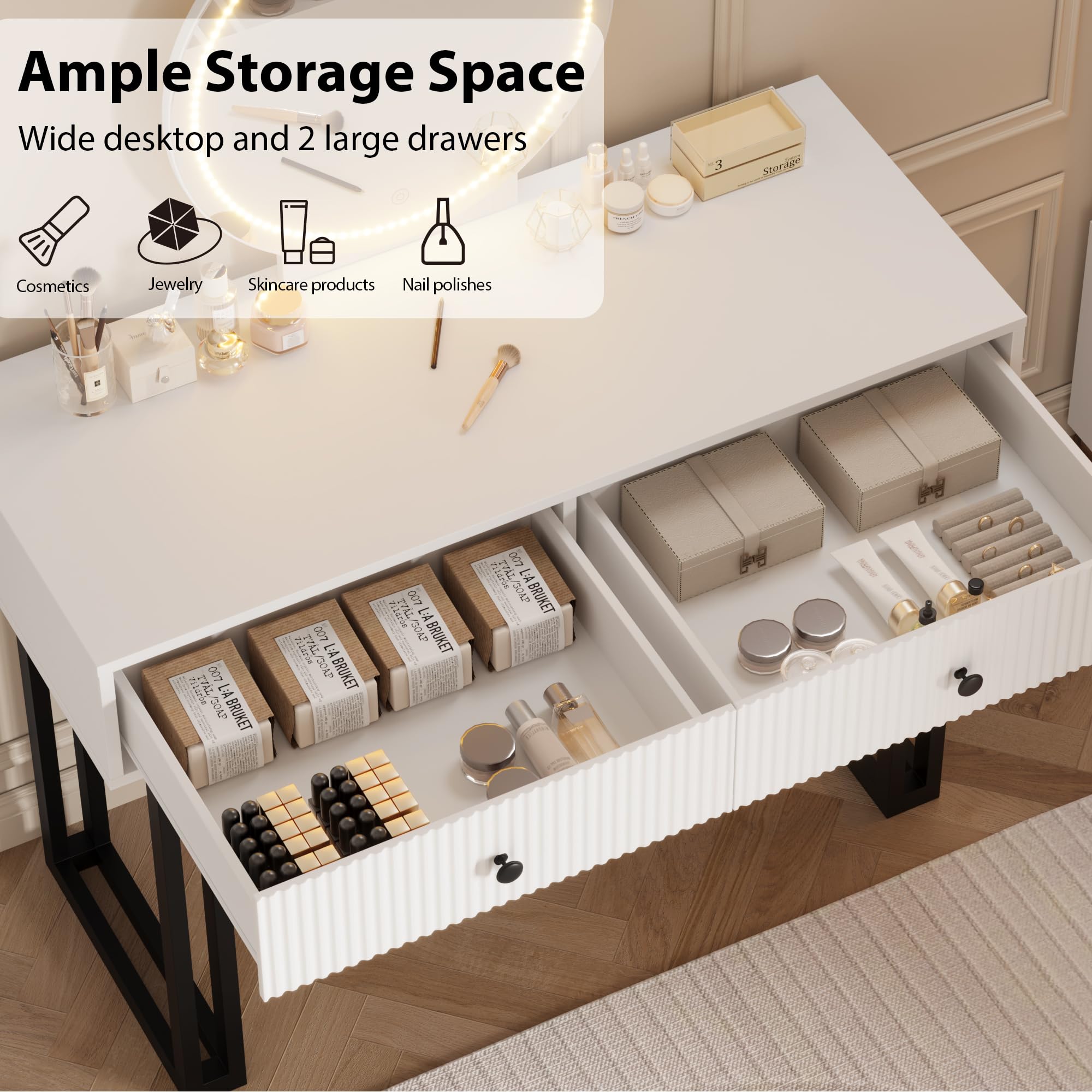GarveeHome Vanity Desk with Mirror and Lights, Small Makeup Vanity with 2 Drawers, Modern Vanity Organizer with 3 Color Lights&Adjustable Brightness, Dressing Table for Bedroom, White