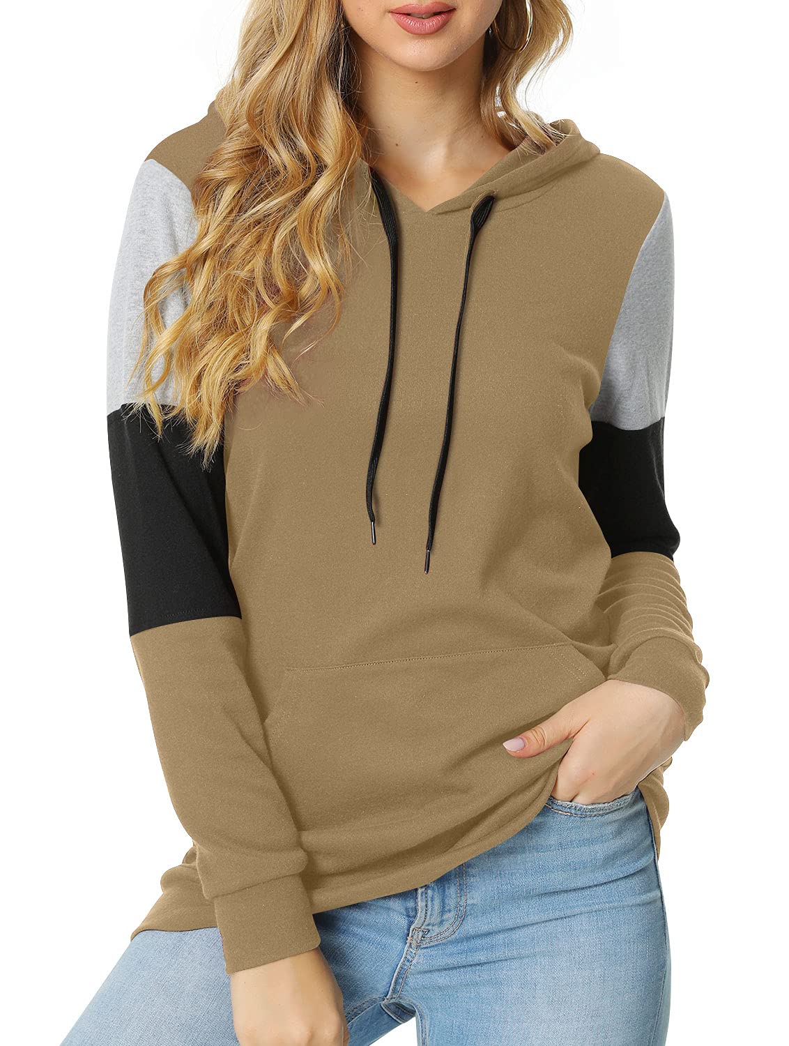 CATHY Women's Casual Drawstring Pullover Tunic Top Long Sleeve Color Block Hoodie Sweatshirts With Pocket, XXL, Shallow Khaki
