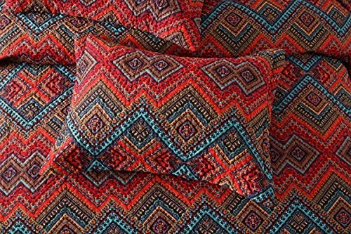 Yvooxny Quilt Set Queen Size Bedspread Bohemian Style Lightweight Cotton Quilted Coverlet Bedding Set for All Seasons, Boho Red Jacquard Pattern, 90 * 98 Inches