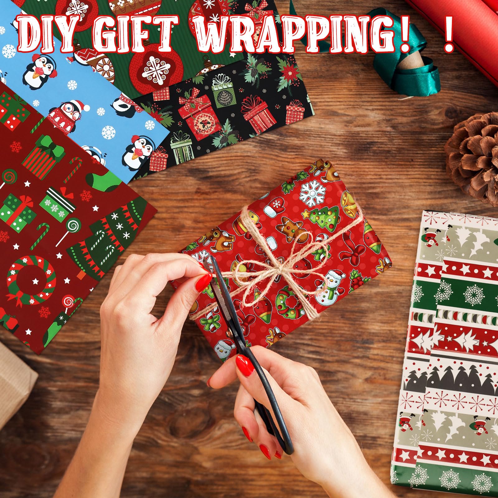 Cholemy 72 Sheets Christmas Gift Wrapping Papers 20" x 29" Holiday Santa Candy Canes Tree Snowflakes 24 Designs Gift Wrapper Folded Xmas Wrapping Sheets for Holiday, Party, Celebration, Folded Flat