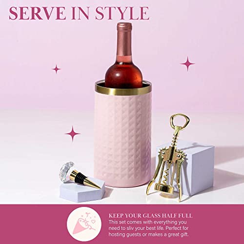 Paris Hilton Wine Bottle Chiller Set, Insulated Double Wall Chiller, Gold Winged Corkscrew Wine Bottle Opener, Diamond Wine Stopper, 3-Piece Set, Pink