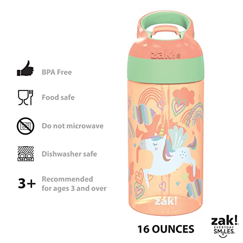 Zak Designs 16oz Riverside Kids Water Bottle with Spout Cover and Built-in Carrying Loop, Made of Durable Plastic, Leak-Proof Design for Travel (Unicorn & Shells, Pack of 2)