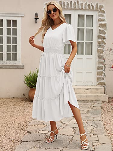 LILLUSORY Womens Modest Graduation Smocked V Neck Flowy Tiered A Line Midi Dresses 2023 Summer Short Flutter Sleeves Empire Waist Derby Long Maxi Dress White