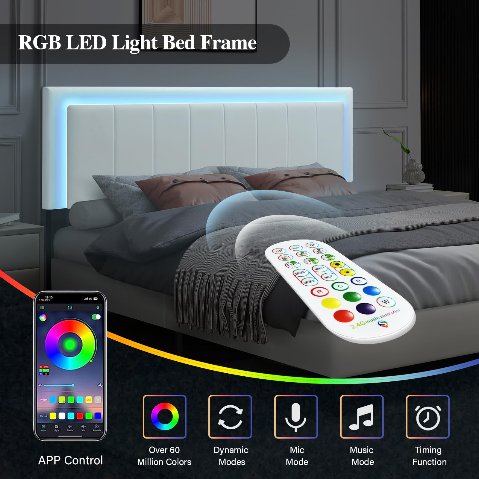 Catrimown King Size Bed Frame with LED Lights, Upholstered Bed Frame King with Faux Leather Headboard, Wood Slat Support, No Box Spring Needed, Easy Assembly, Black