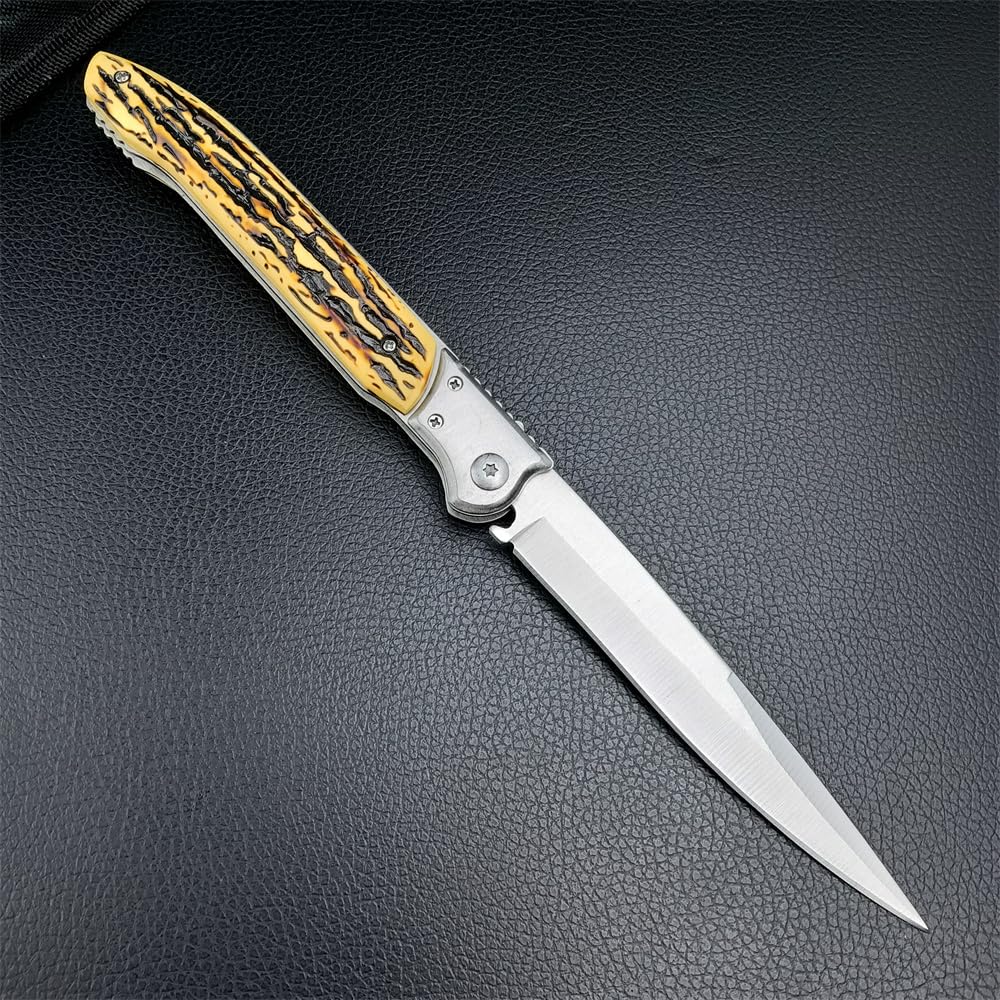 Generic EDC Push Button Lock 12"" Pocket Knife with Slide Safety Lock,Assisted Opening Folding Knives,Stainless Steel Blade and Wooden Pattern Handle,Combat Knife for Camping Hunting
