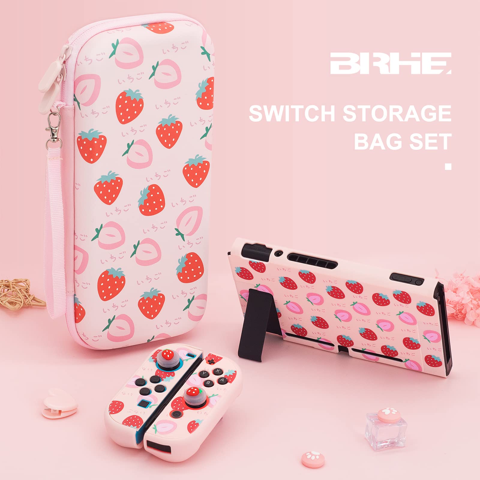 BRHE Cute Carrying Case Compatible with Nintendo Switch with Dockable Protective Cover/Tempered Screen Protector /Thumb Grip Caps,Pink Accessories Bundle for Girls