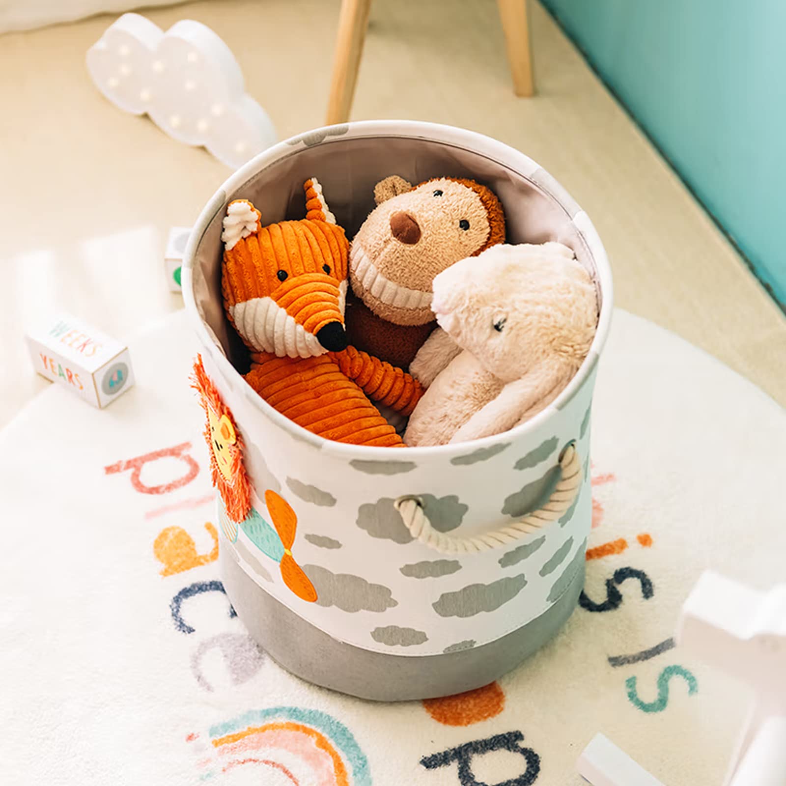 Cute Babys Laundry Basket - Kids Laundry Hamper for Boys, (Lion) Collapsible Thicken Durable Toys Organizer Storage Round Baskets and Nursery Bedroom Decor (Light Grey)