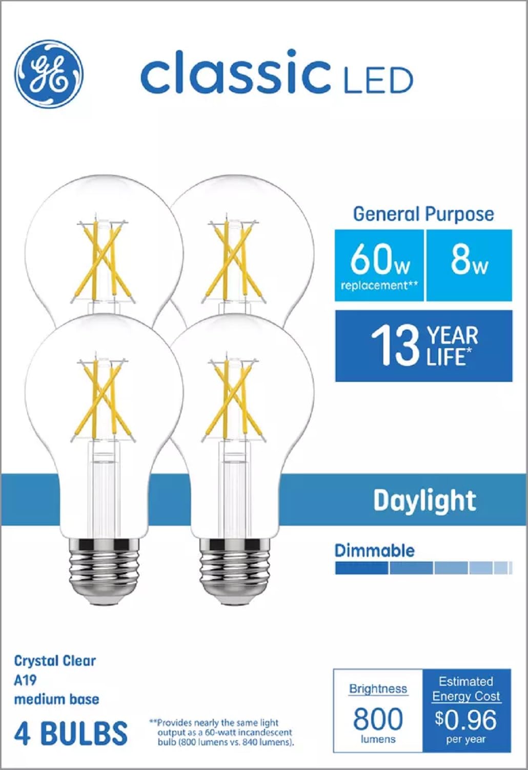 GE Classic LED 60 Watt Replacement, Daylight, A19 General Purpose Bulbs (4 Pack), White, 93130843