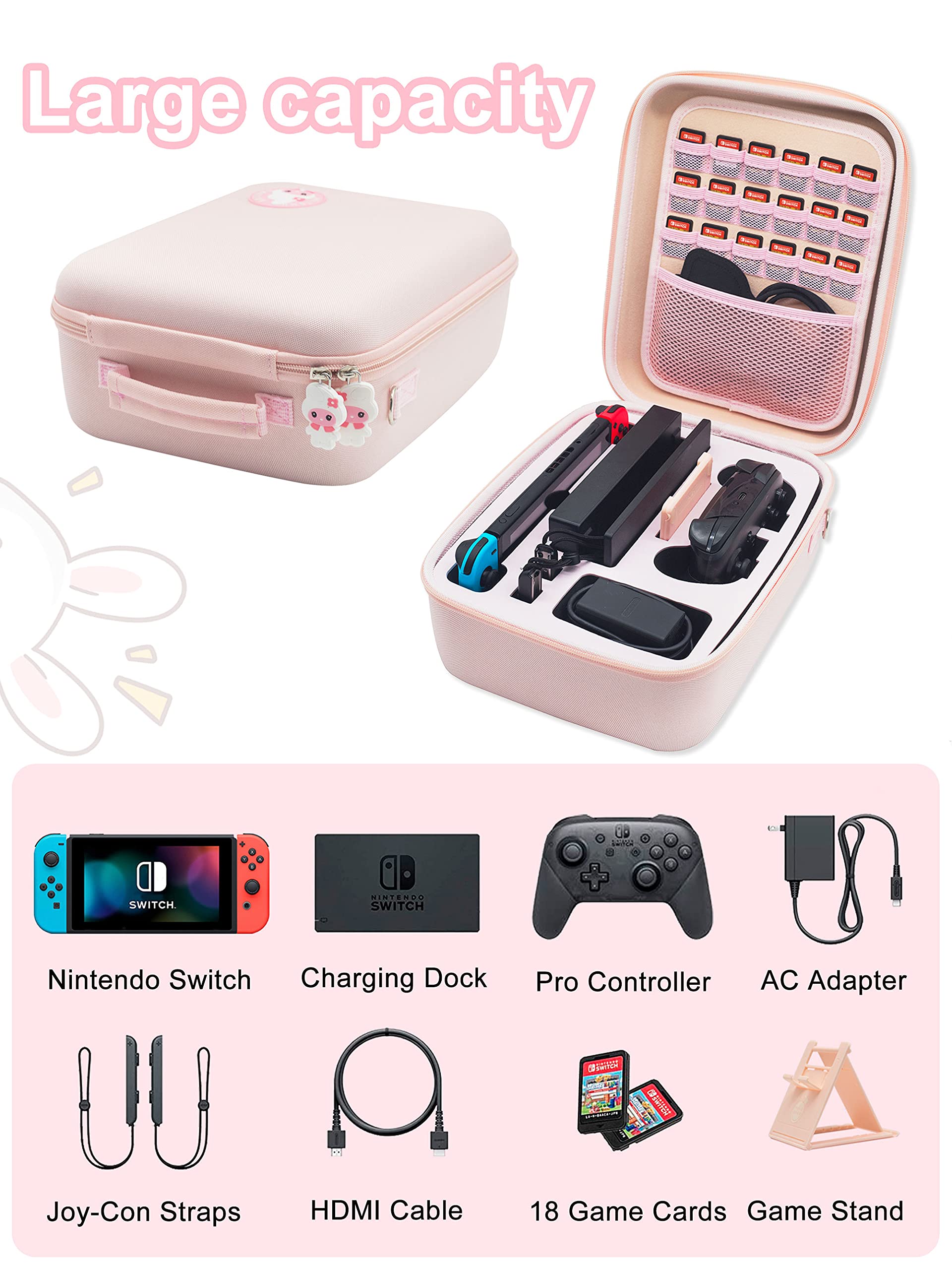 BRHE Nintendo Switch Case Travel Carrying Case Large Storage Hard Portable Bag Bundle Accessories Kit with Protective Cover, Glass Screen Protector, Adjustable Stand and Thumb Caps