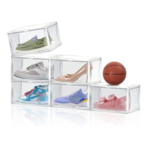 Nimluxe Shoes Storage Boxes,6Pack Sneaker Shoe Boxes Clear Plastic Stackable,Shoe Organizer Boxes with Magnetic Side Opening Lids, Display Case Shoe Container Boxes Fit Shoe Size Up to US 15
