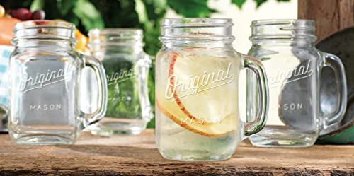 Glaver's Mason Jar 16 Oz. Glass Mugs with Handle and Lid Set Of 6 Old Fashioned Drinking Glass Bottles Original Mason Jar Pint Sized Cup Set.