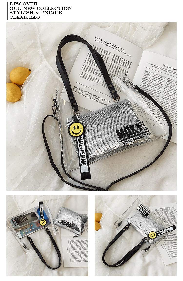 Clear Bags For Women Transparent Crossbody Shoulder Bag Handbag Tote (Silver)