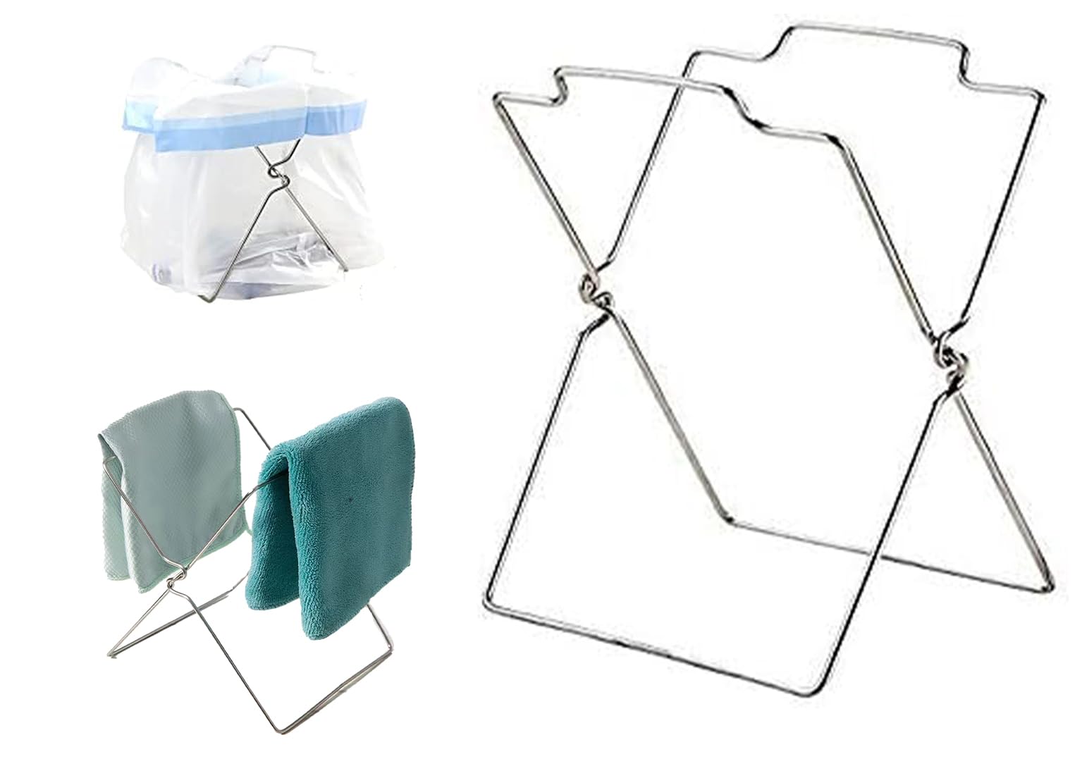 SUPKID grocery bag holder-Stainless- Steel Foldable-ideal for Kitchen Office and outside - Garbage Support Rack with Towel Hanging Rod -Medium