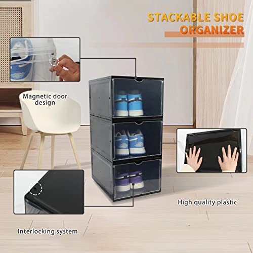 Hrrsaki 8 Pack Shoe Storage Box, Drop Front Shoe Boxes,Shoe Box Clear Plastic Stackable, Shoe Storage Box and Shoe Organizer for Display Sneakers,Easy Assembly,Fit up to US Size 12(13.4”x 10.7”x 7.2”) - Black