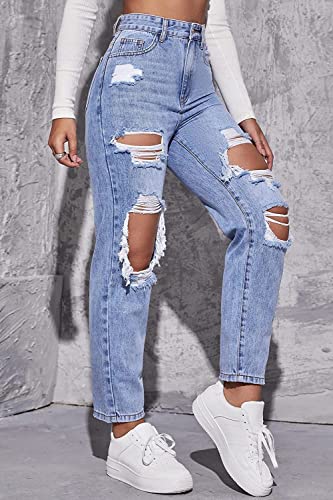 LINUMIN Women's High Waist Straight Leg Ripped Jeans Distressed Denim Pants (Blue, XL)