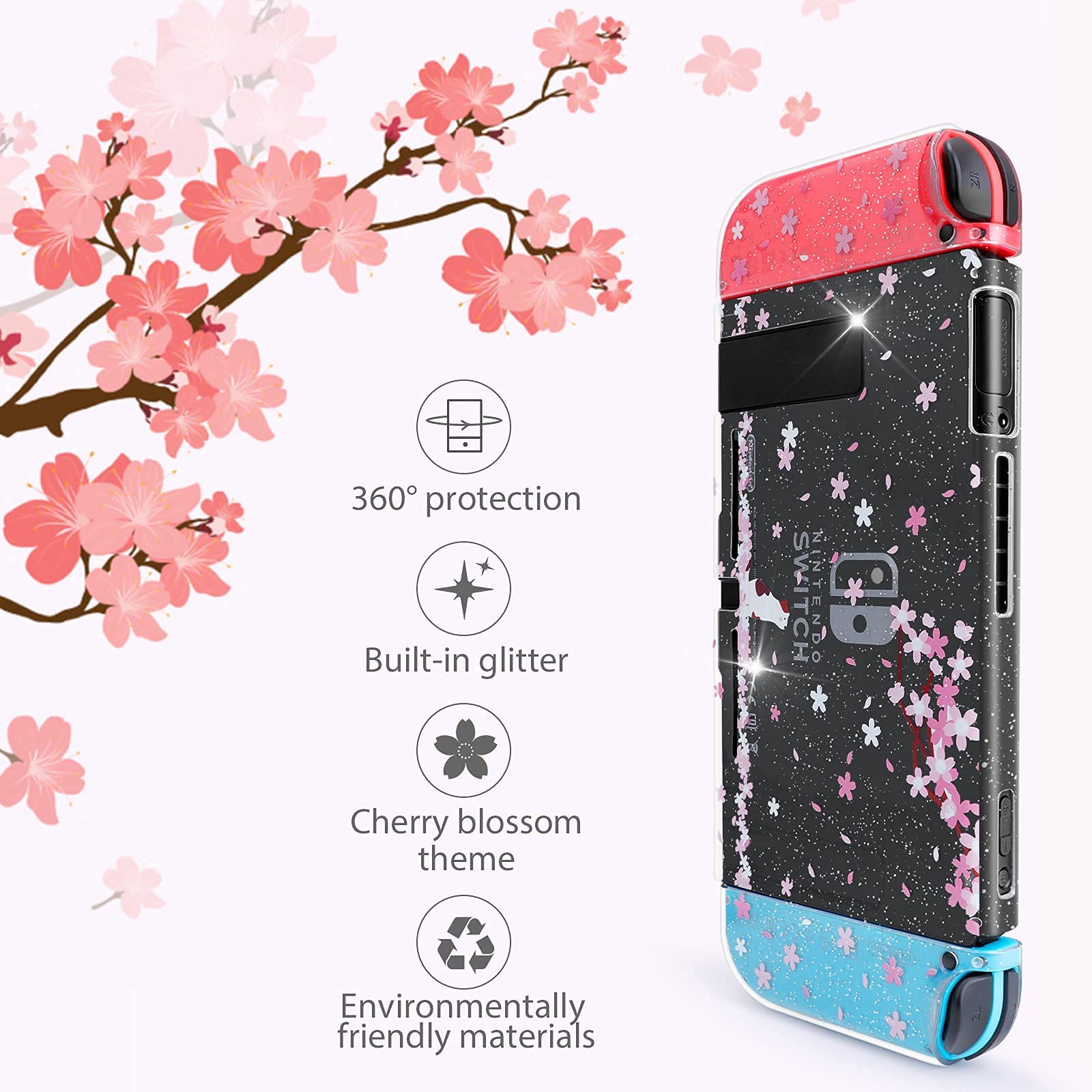 Clear Glitter Case for Switch, Cute Dockable Protective Case for Girls Women, Soft TPU Cover with Cherry Blossoms Thumb Grips Compatible with Nintendo Switch and JoyCon Controller - Pink Sakura Cat