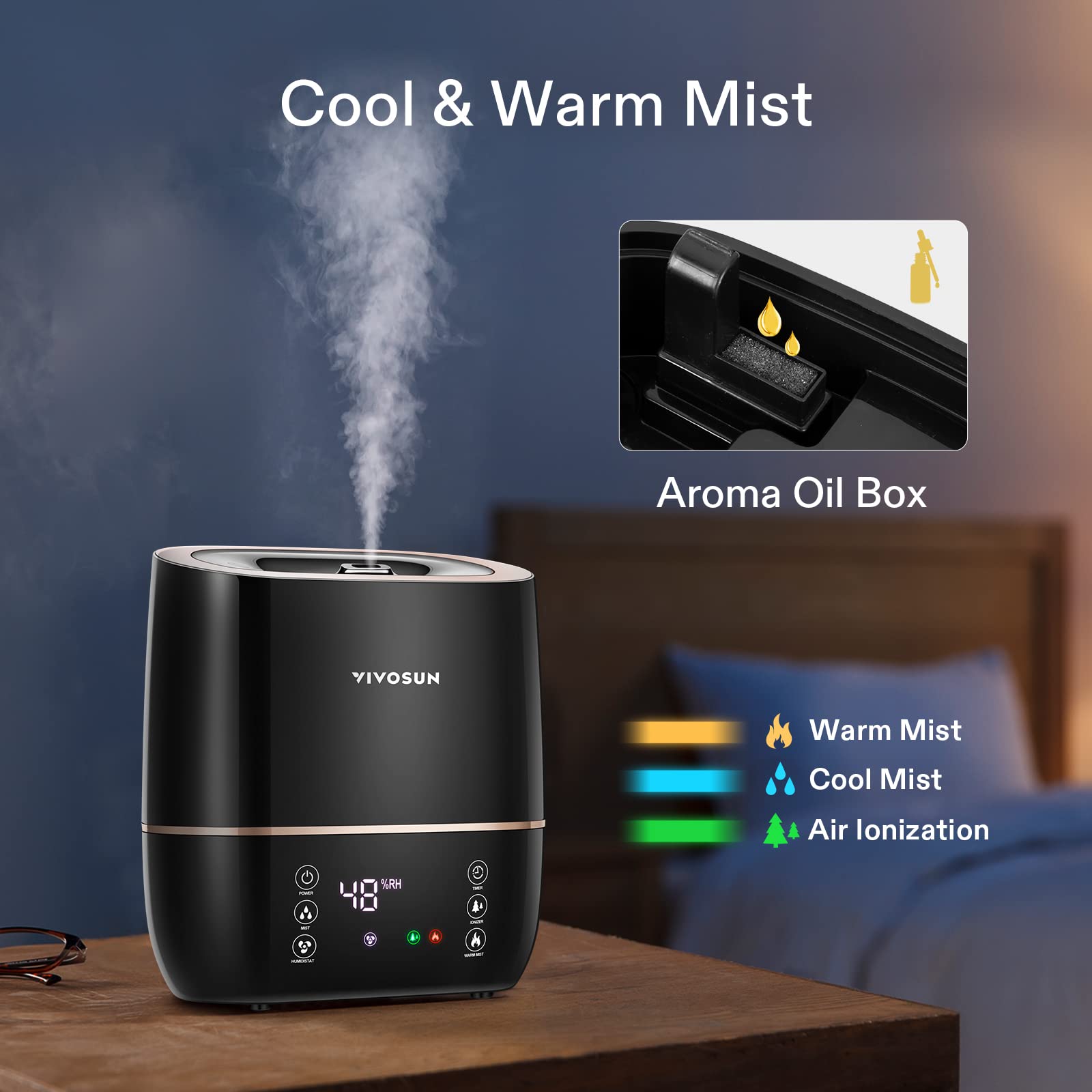 VIVOSUN 2-in-1 Warm and Cool Mist Humidifier, 5L Indoor Ultrasonic Air Humidifier with Essential Oil Tray for Bedrooms, Plants, Offices and Babies