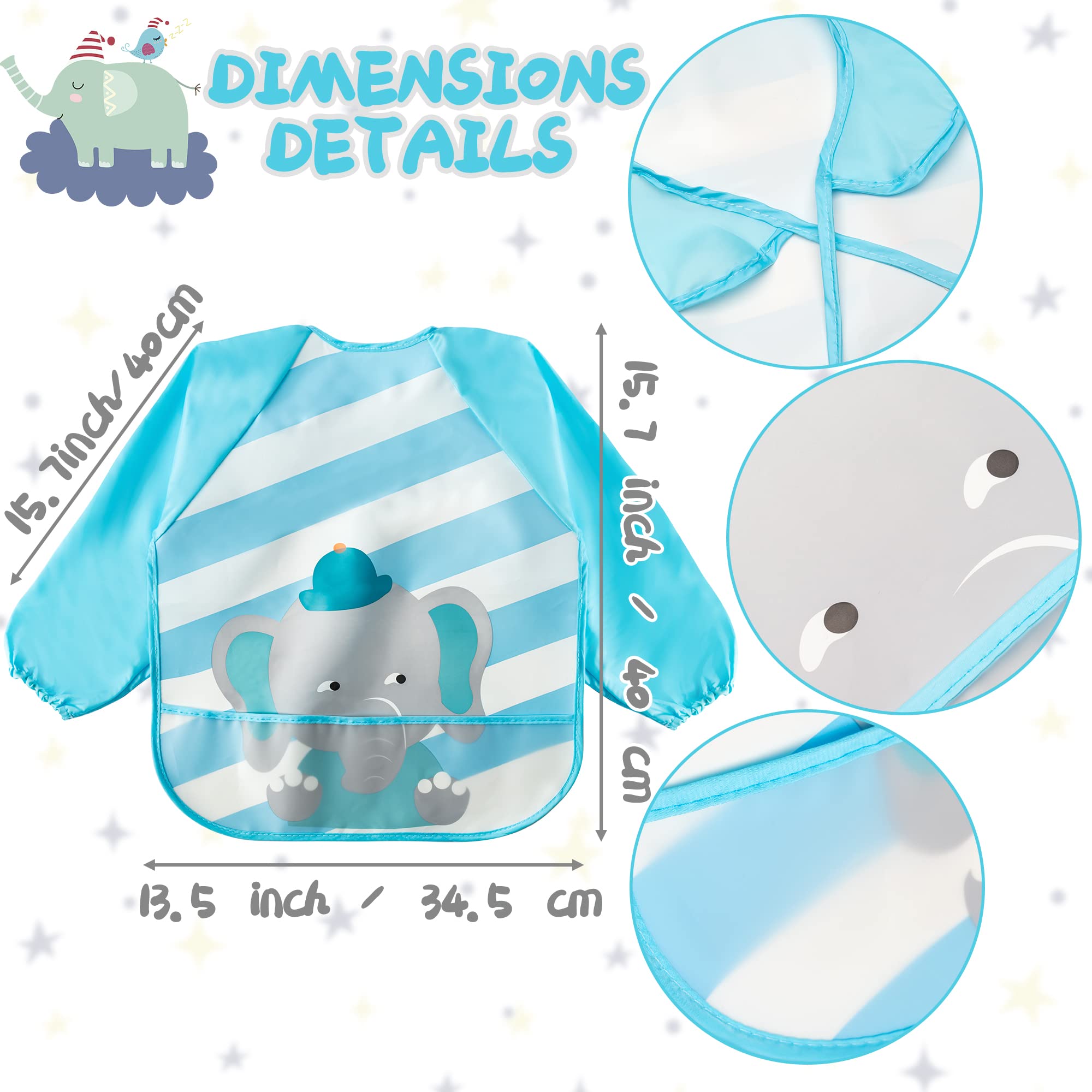 R HORSE 5Pcs Long Sleeved Bib for Babies Toddlers Waterproof Sleeved Bib with Great Capacity Pocket Cartoon Baby Bib Infants Feeding Bibs with Elephant Bear Fox Pattern for Baby Shower Age 6-36 months