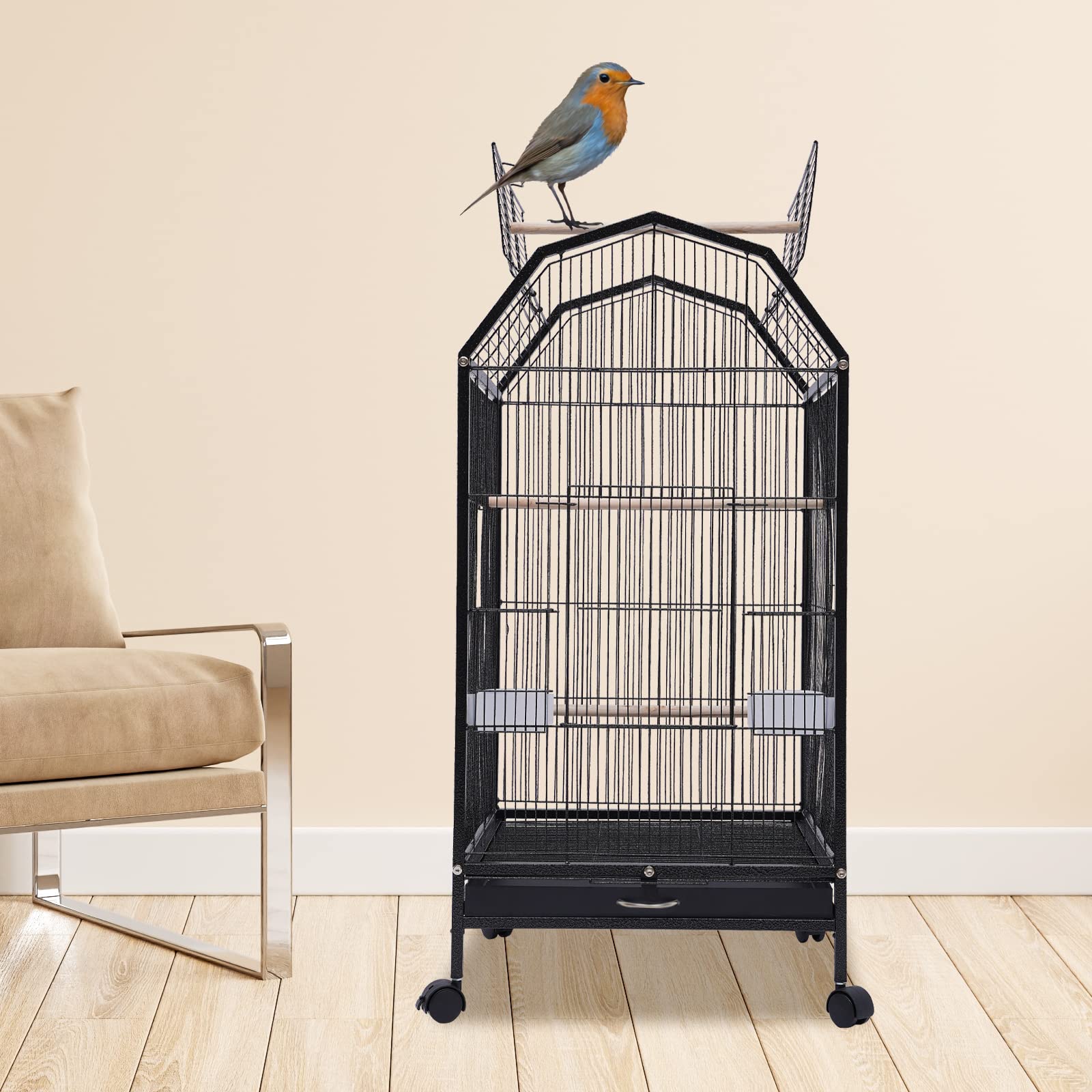 Bird Cage,Black Large Bird Cage with Rolling Stand,Large Pet Cage with Wheels,Cockatiel Parakeet Finch Parrot Birdcage 5 Door (17.9" L x 17.9" W x 39.9" H)