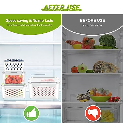 ODOMU 3 Pack Fridge Berry Storage Container with Lids with Strainer, Plastic Fresh Produce Saver Keeper for Vegetable Fruit Meat Lettuce, BPA Free Kitchen Refrigerator Organization (3.15L+1.7L+0.8L)