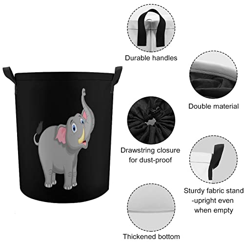 Cute Elephant Cartoon Laundry Basket Round Collapsible Storage Bin with Drawstring and Handle for Bedroom Bathroom Toys Room 17.3" X 13.8"