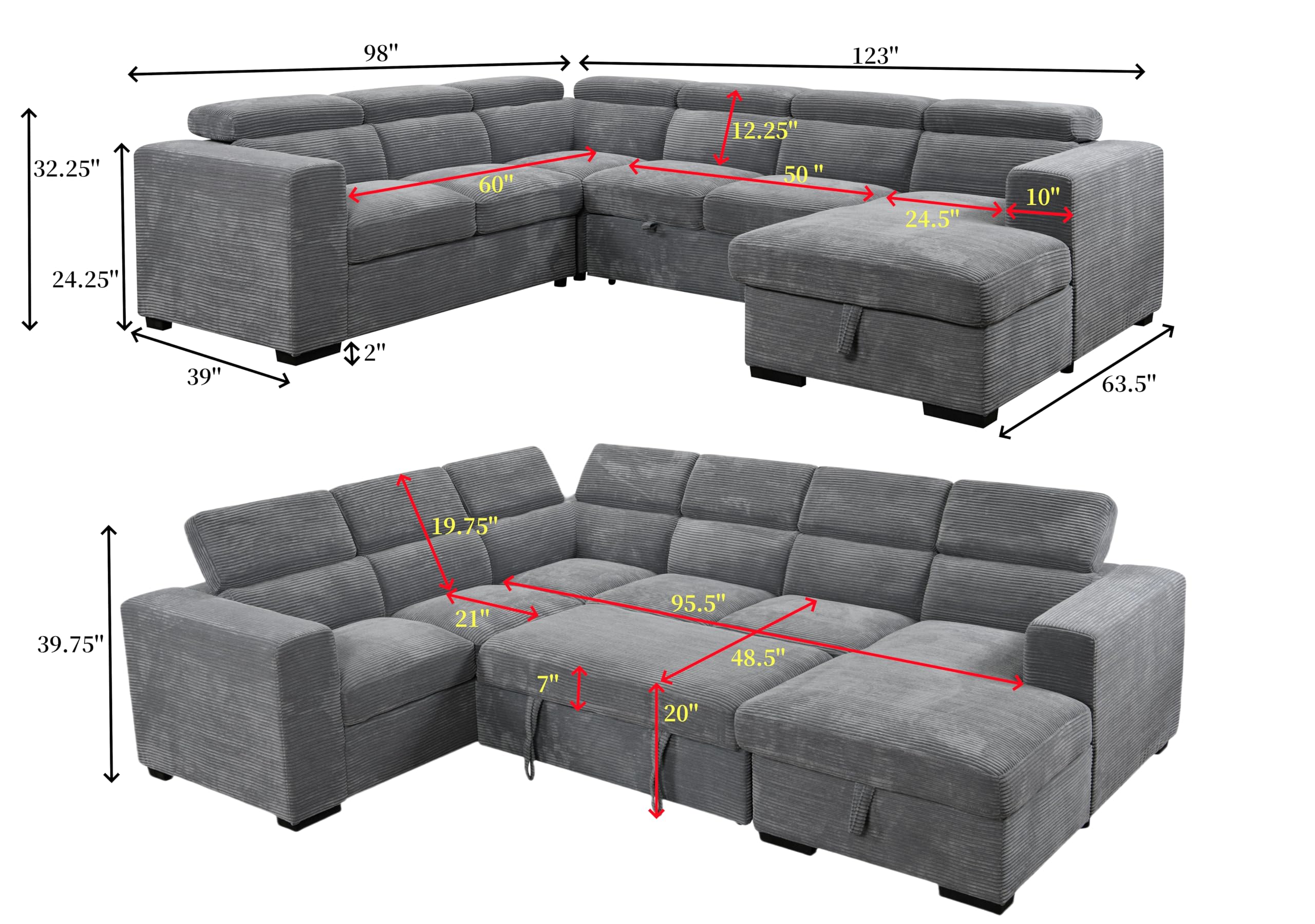 THSUPER 146'' Oversized Sectional Sleeper Sofa with Chaise Lounge and 2 Pull-Out Bed, 7-Seater U-Shaped Sectional Couches with Cuddler and 2 Cup Holders for Living Room - Belfast Fabric Dark Grey