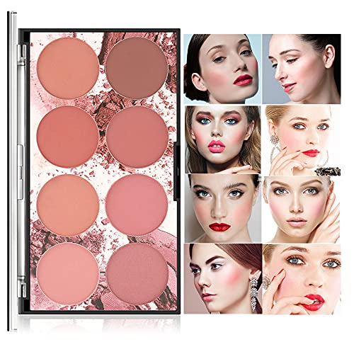 CCbeauty 8 Colors Face Blush Palette Matte Shimmer Professional Natural Long Lasting Lightweight Portable Foundation Contour Highlight Pressed Powder Makeup Palette for Women Girls