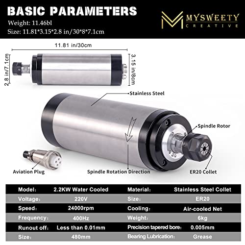 CNC Spindle Motor Kit, MYSWEETY 110V 2.2KW Water Cooled Spindle Motor + 2.2KW Single to 3 Phase VDF+110v Water Pump + 3.15 Inch Clamp + 196 Inch Water Pipe + 40 Inch Electric Wire+ 13pcs ER20 Collet