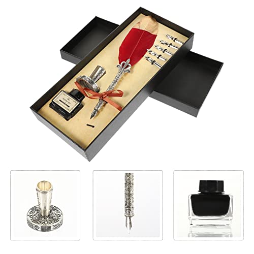 Operitacx Calligraphy Pens Quill Pen and Ink Set with Calligraphy Dip Pen Inkwell Stand Replacement Nibs for Writing Paper Letter Birthday Gift Wine Red Fountain Pen Ink