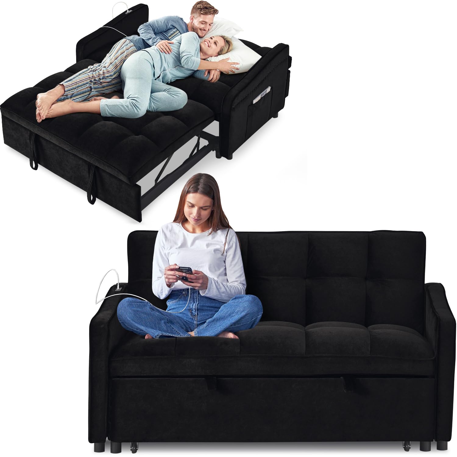 GEEVIVO Futon Sofa Bed with USB Charging Port, Modern 52.8-inch Small Tufted Velvet 3-in-1 Convertible Sleeper Sofa with Pull Out Bed for Small Space, Living Room, Apartment, Bedroom, Grey