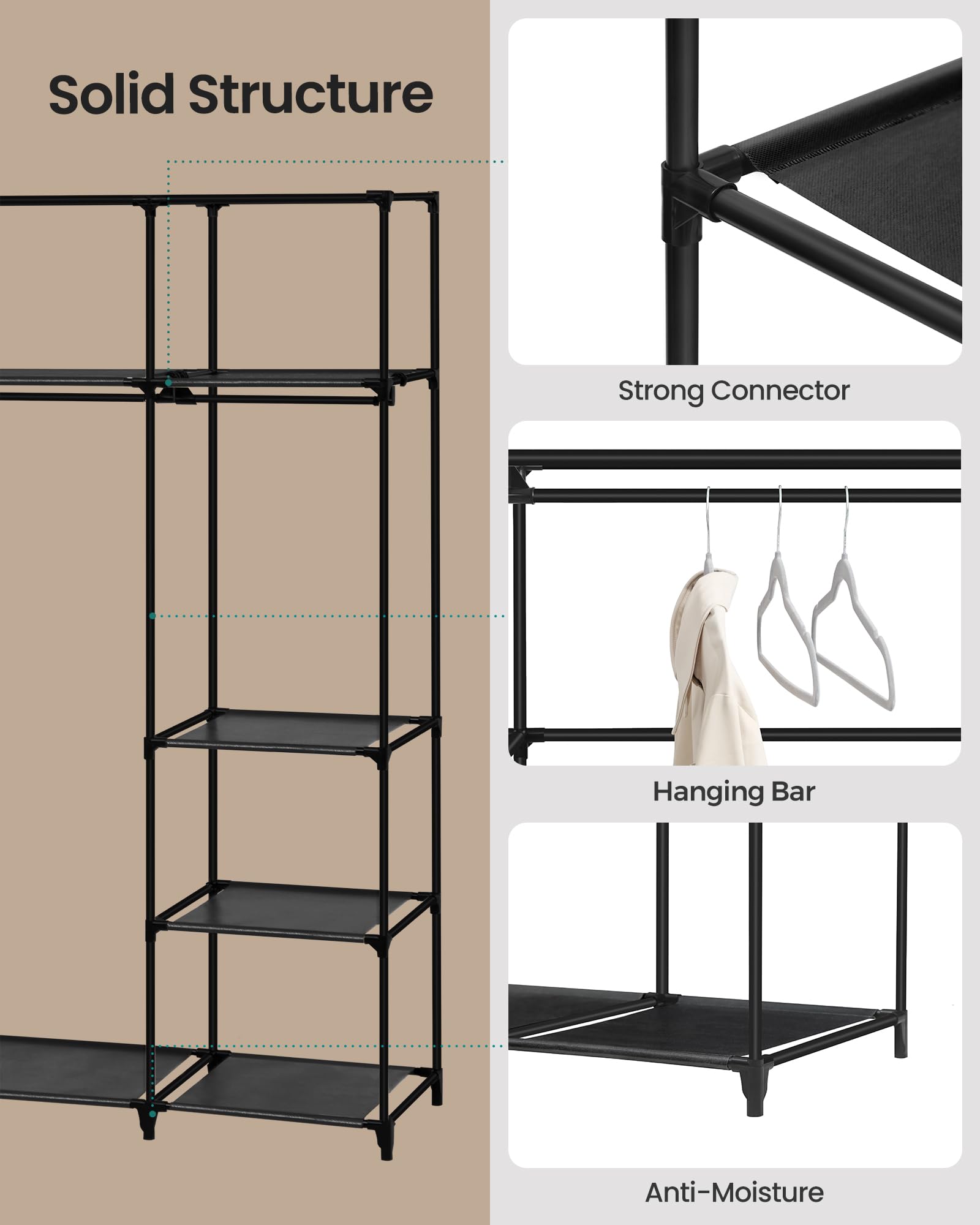 Hzuaneri Closet Wardrobe, 64-inch Portable Closet for Bedroom, 3 Clothes Rail with 9 Compartments Shelves, Freestanding Clothes Storage Organizer for Cloakroom, Black WH0203