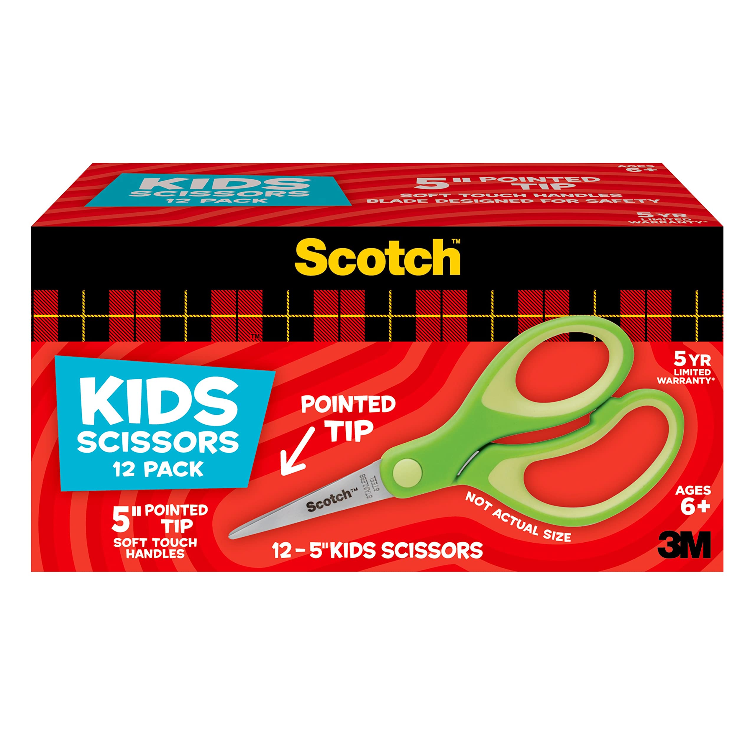 Scotch 5" Soft Touch Blunt Tip Kids Scissors, 12 Count Teacher’s Pack, Green, All-Purpose Scissors for School and Crafts (1442P-12)