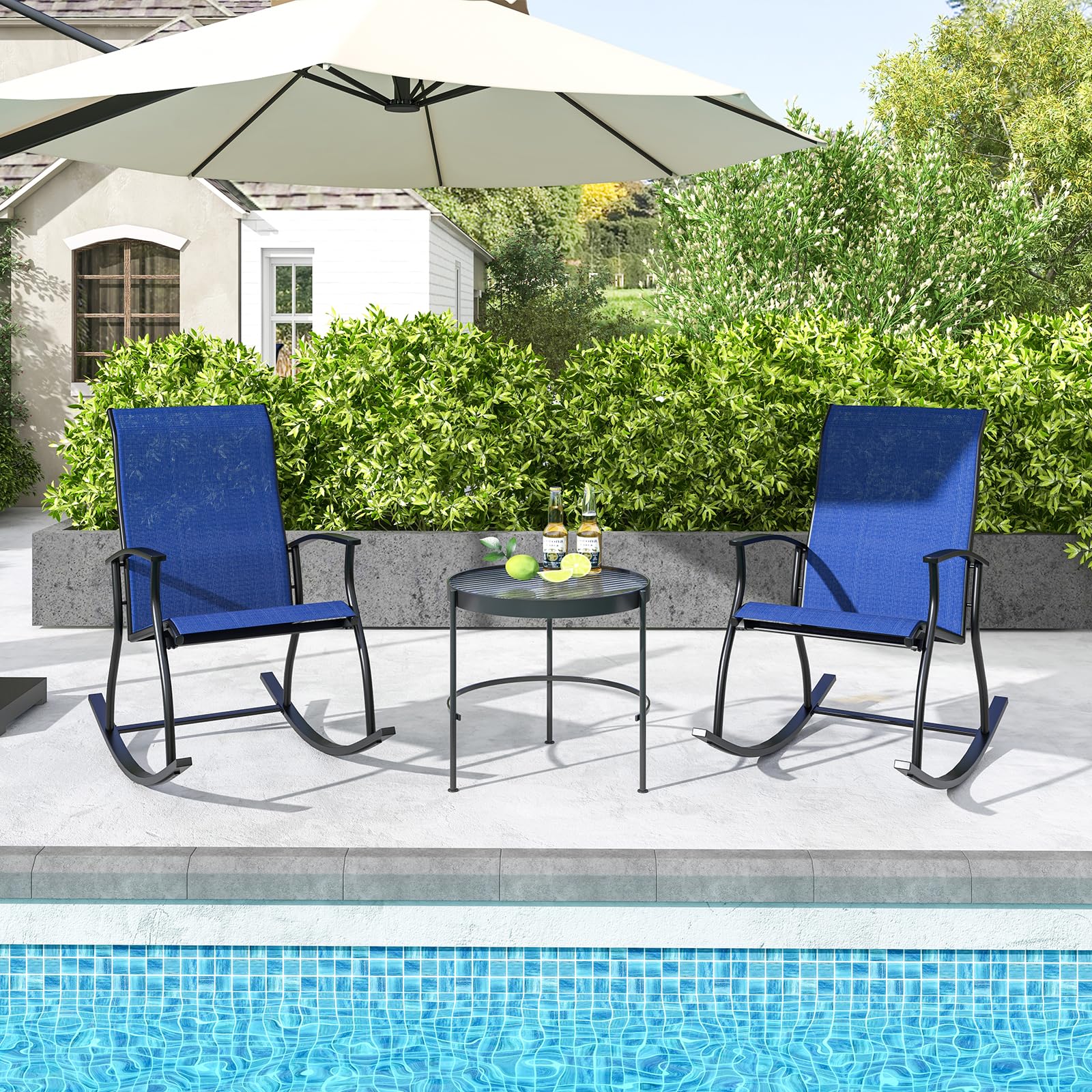 Giantex Outdoor Rocking Chair Set of 2 - Patio Rocking Chairs w/Breathable Backrest, Sturdy Metal Frame & Safe Ergonomic Design, Cozy Fabric Rocker for Backyard, Poolside, 330 lbs, Navy