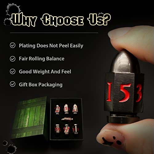 Metal Bullet Dice Set, DND Dice Set Dungeons and Dragons Dice, ZHOORQI D6 Dice Set D&D Dice Gifts for Role Playing Games, Pathfinder, Warhammer 40k or Theme Tabletop Games(7Bullet-Black Red)