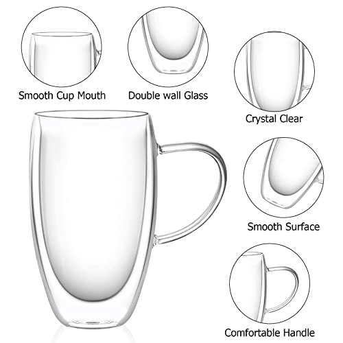 E-Greetshopping 16 oz Double Wall Glass Coffee Mugs,Insulated Layer Coffee Cups with Handles,Cappuccino Latte Macchiato Glasses Cups, Heat Resistant for Hot Drinks Tea Milk Juice Ice Cream(Set of 2)
